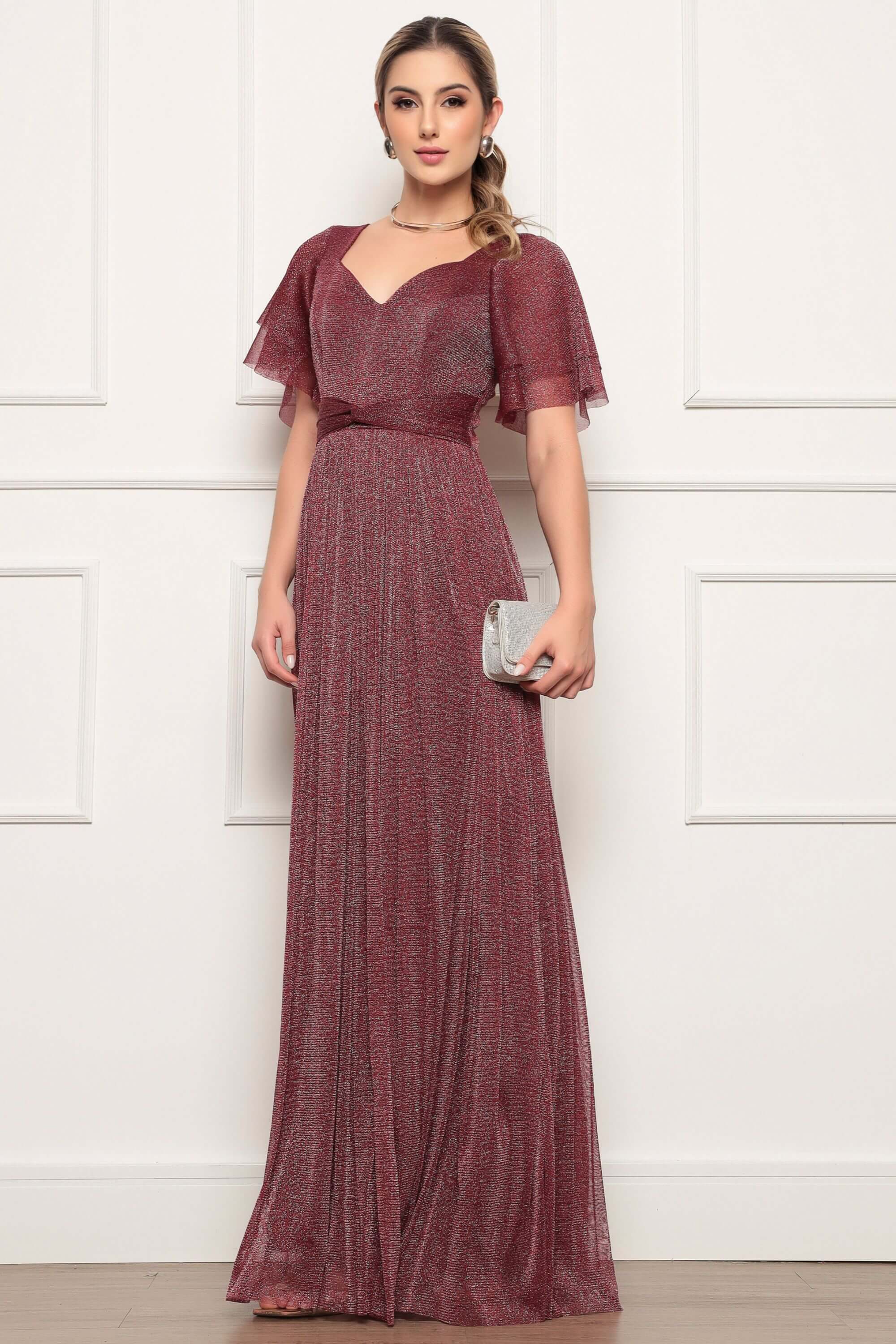 VESTIDO DE FESTA LONGO ISABELLA TULE GLITTER MARSALA