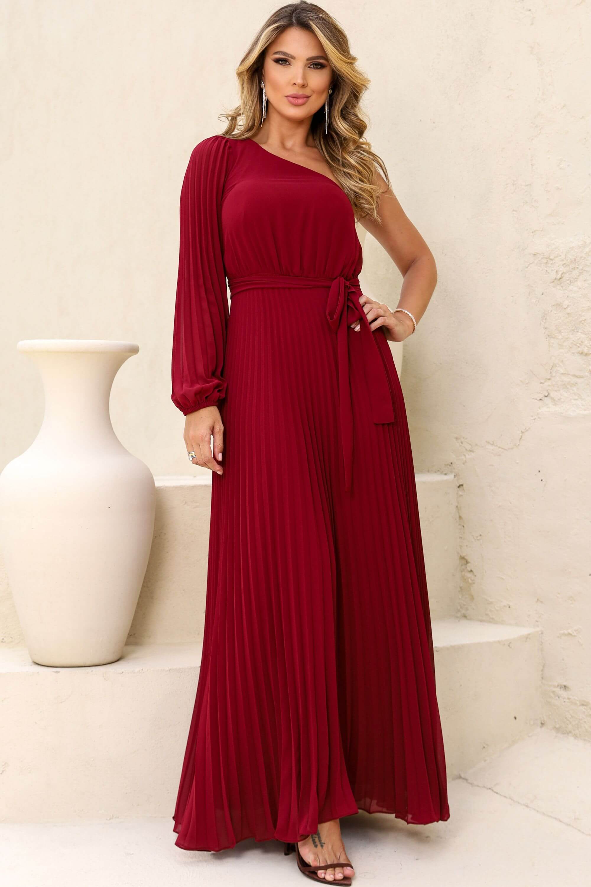 VESTIDO DE FESTA LONGO PRADA CHIFFON PLISSADO MARSALA